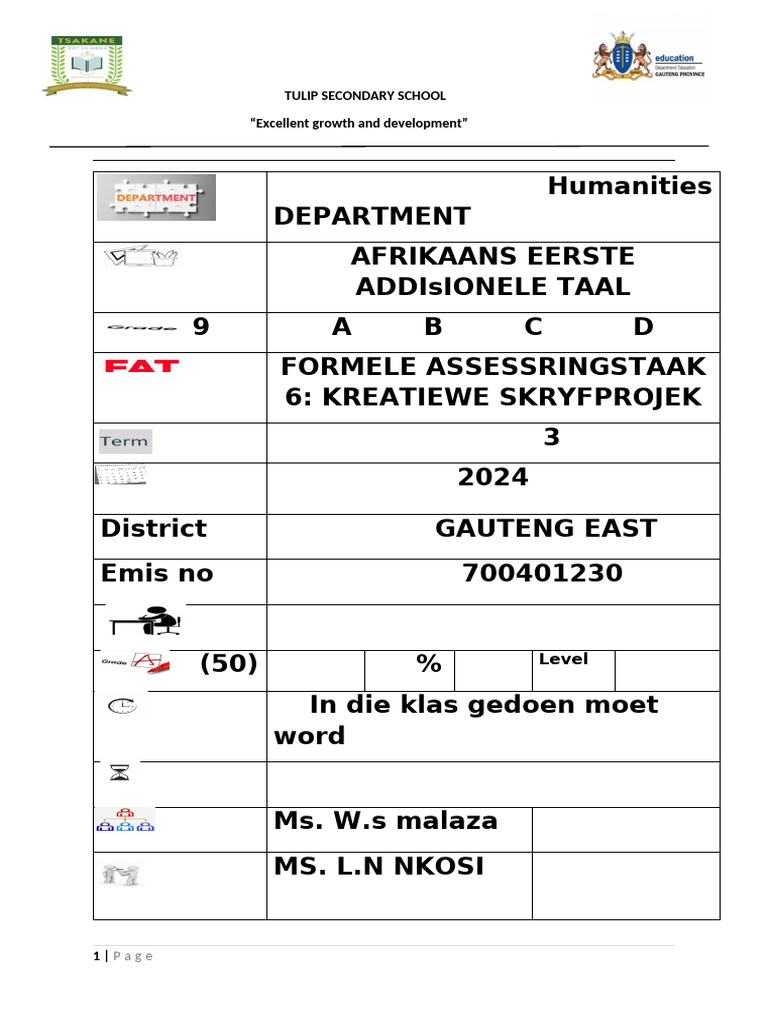 Afrikaans Task 6 Term 3 Project | PDF