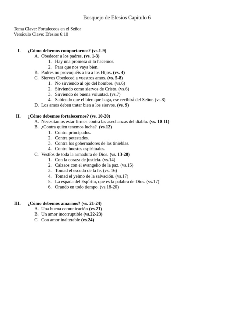Bosquejo de Efesios Capitulo 6 | PDF