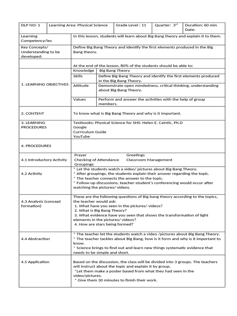 Detailed Lesson Plan | PDF | Learning | Universe