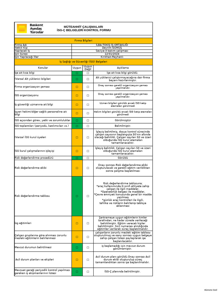 DI-F-689 4 Muteahhit Calismalari ISG-C Belgeleri Kontrol Formu - İLBA-ToKİŞ | PDF