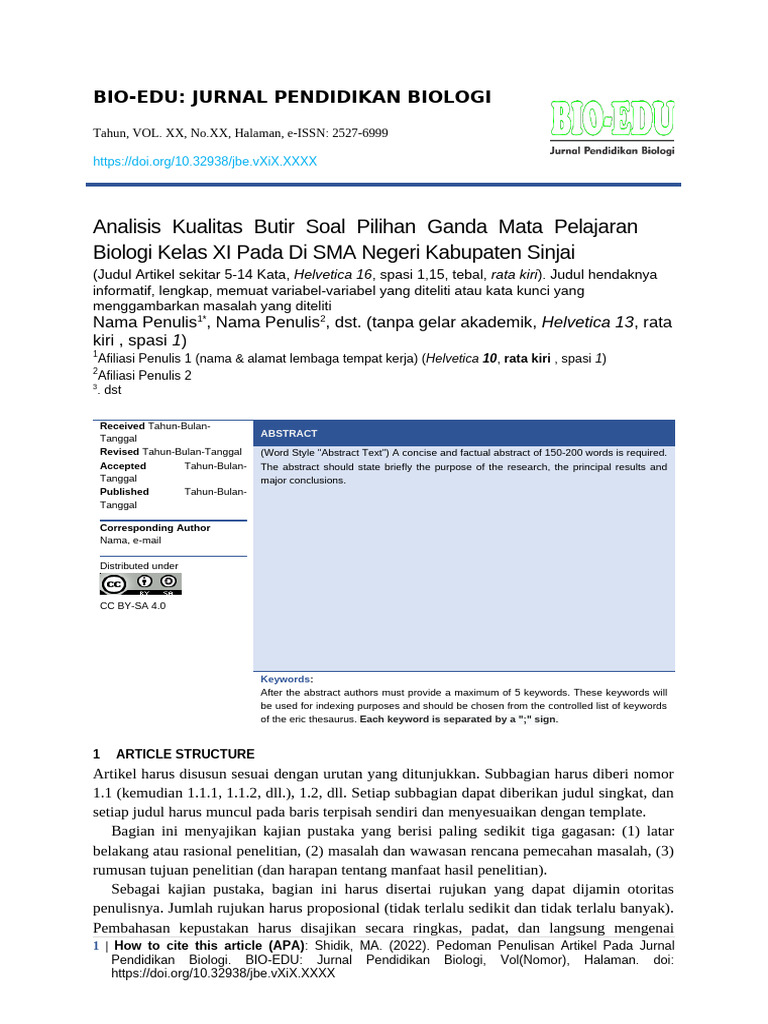 Pedoman Penulisan Artikel Pada Jurnal Pendidikan Biologi Dilla | PDF ...