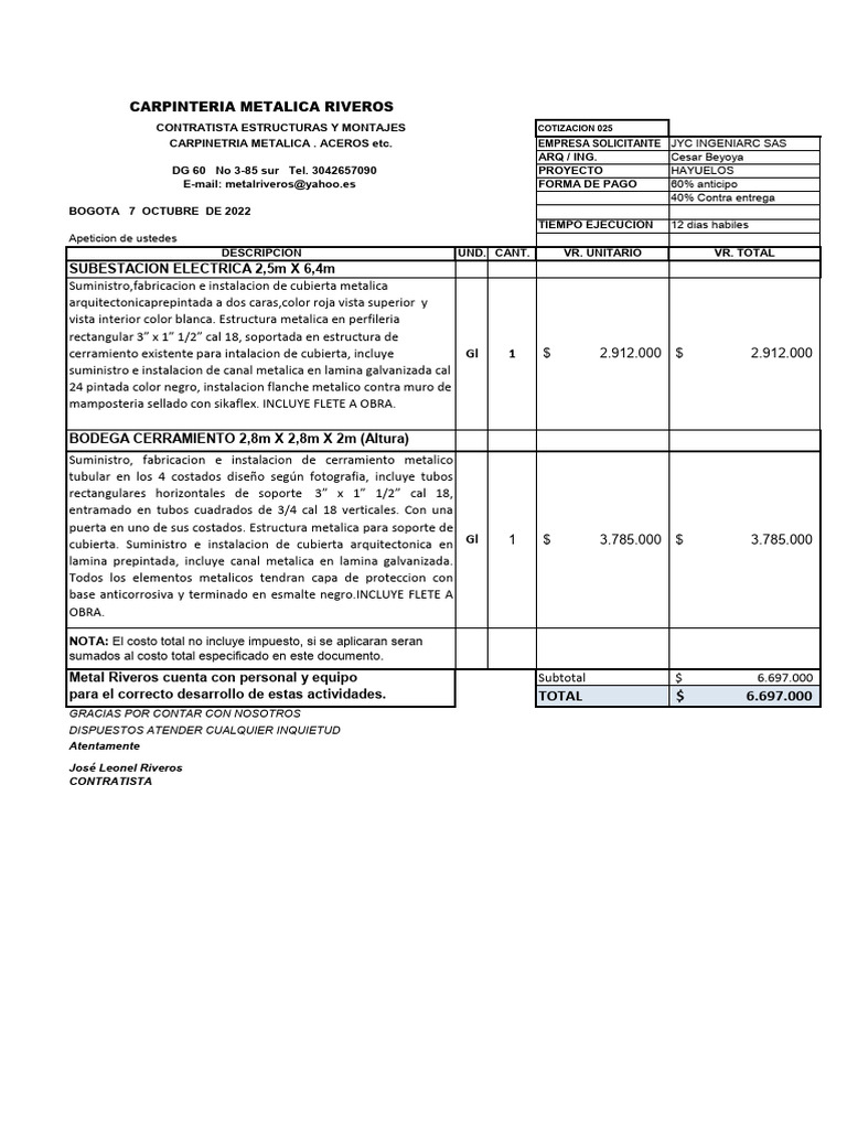 Cotizacion Cubiertas JYC INGENIARC | PDF