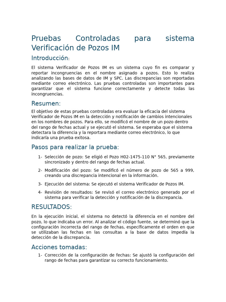 Pruebas Controladas para Sistema Verificación de Pozos IM | PDF ...