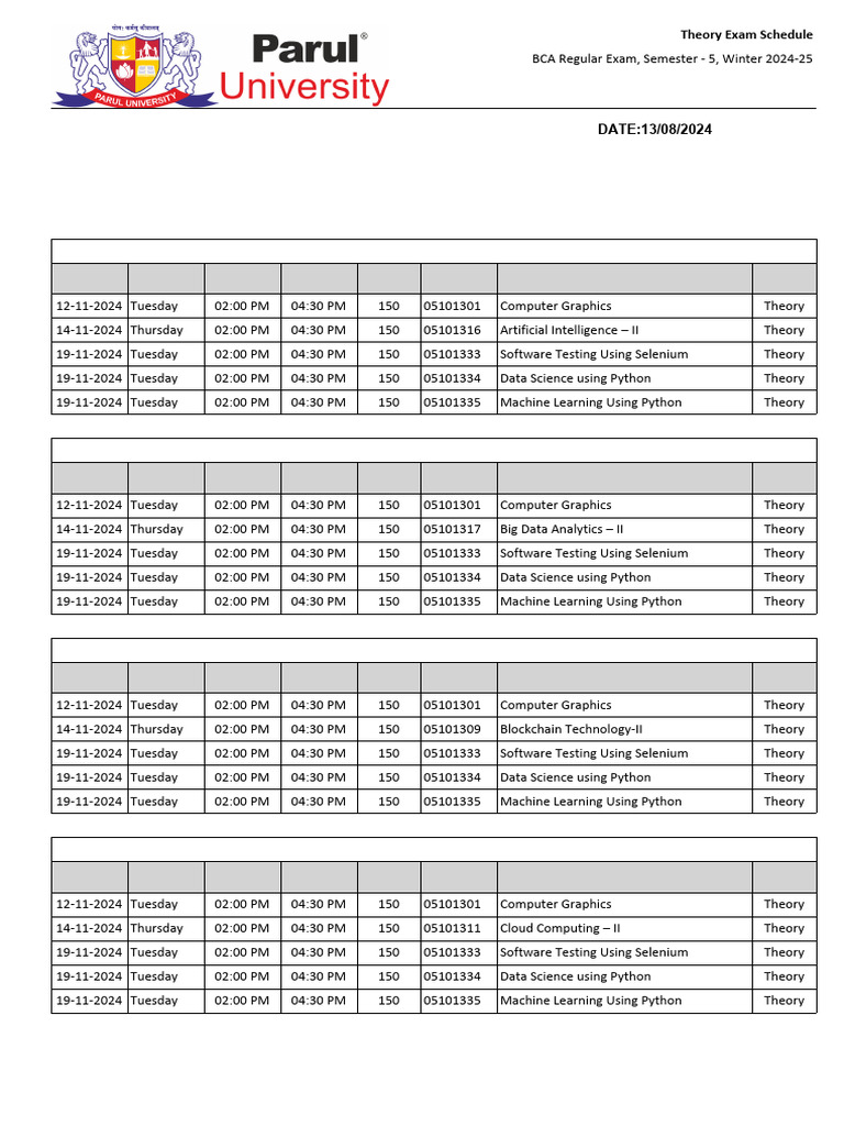 BCA 5th Sem Exam Schedule 2024-25 | PDF | Selenium (Software) | Python ...