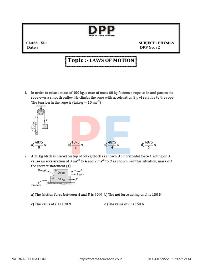 Physics DPP for Class XI: Laws of Motion | PDF | Force | Mass