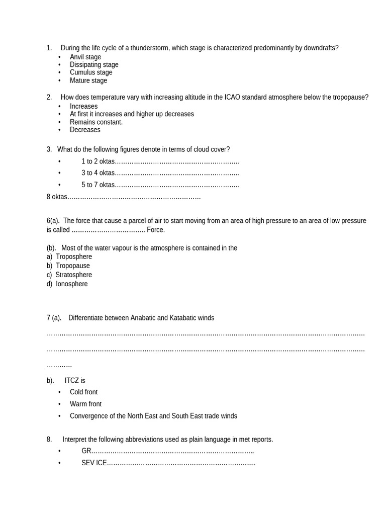 Thunderstorm and Weather Concepts Quiz | PDF | Atmosphere Of Earth | Troposphere