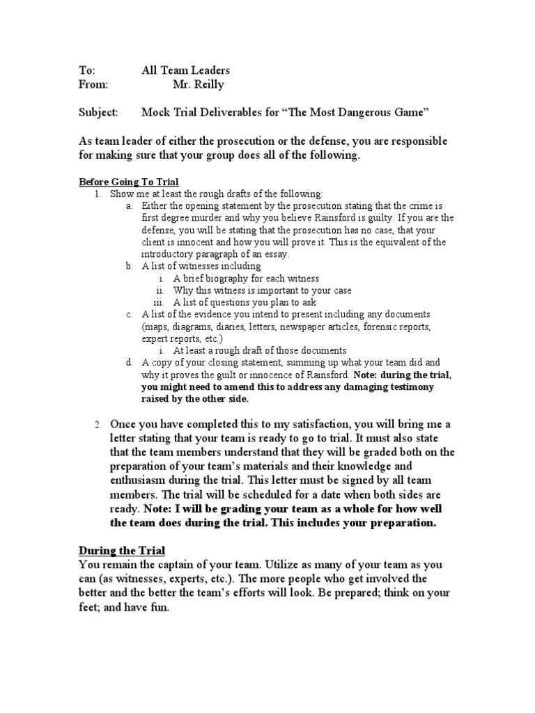 Mock Trial Guidelines for "Most Dangerous Game" | PDF | Witness ...