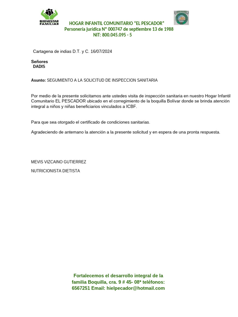 Solicitud de Inspeccion Sanitaria | PDF