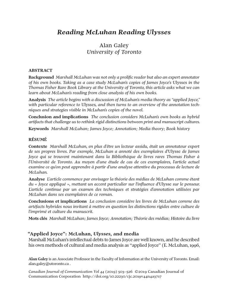 Reading Mcluhan Reading Ulysses: University of Toronto | PDF | Ulysses ...