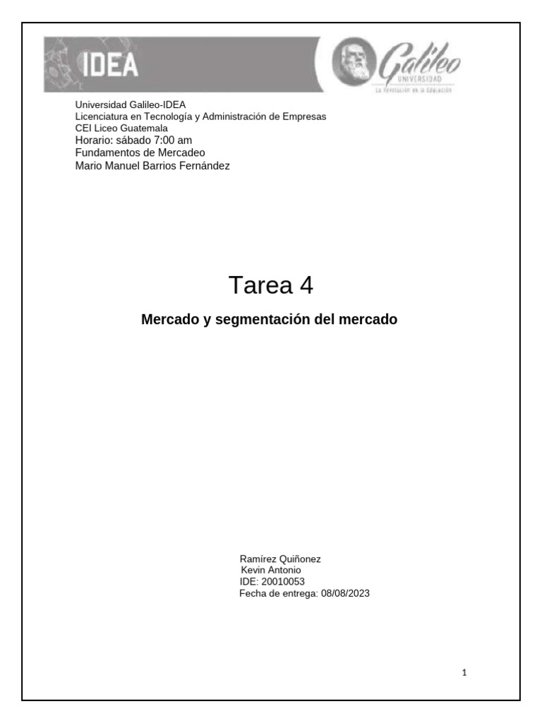 Ejercicio Practico Cap 4 Kevin Ramirez 20010053 | PDF | Marketing | Mercado (economía)