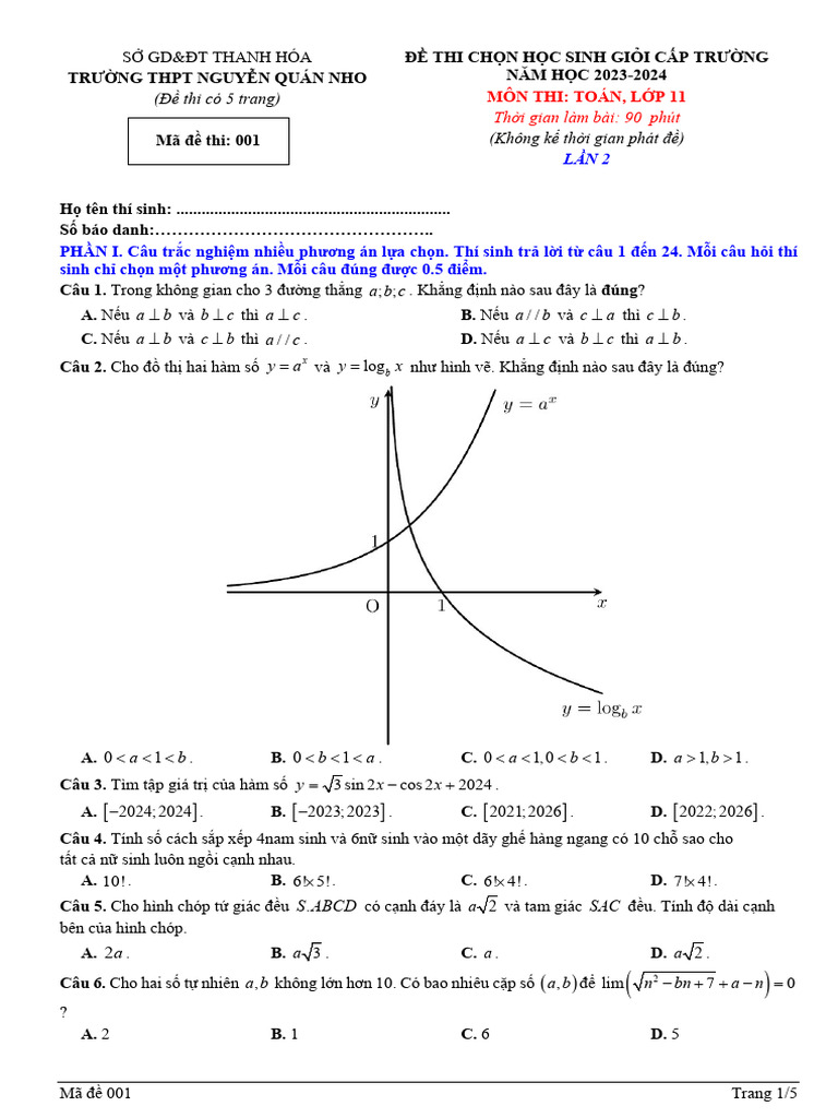 De Thi HSG Toan 11 Lan 2 Nam 2023 2024 Truong THPT Nguyen Quan Nho Thanh Hoa | PDF