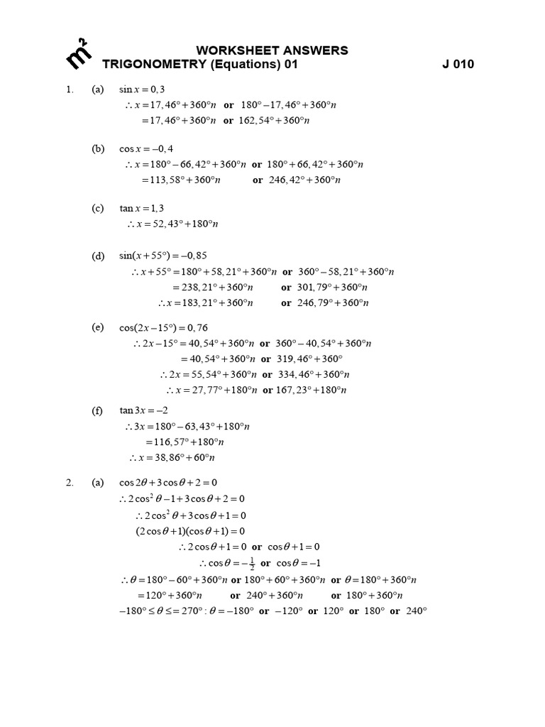 J010 A Trigonometry Equations 01 | PDF | Trigonometry | Mathematical Analysis