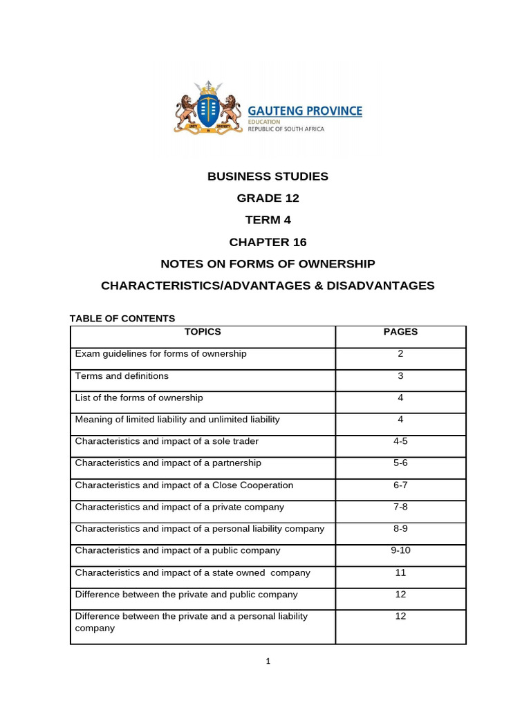 Revised Chapter 16 Grade 12 Notes On Forms of Ownership | PDF ...