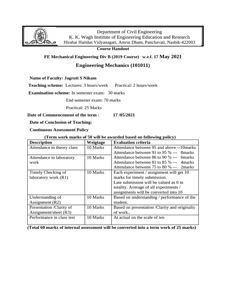 Course Handout - Engg Mechanics Sem II 2020-21 | PDF | Force | Acceleration