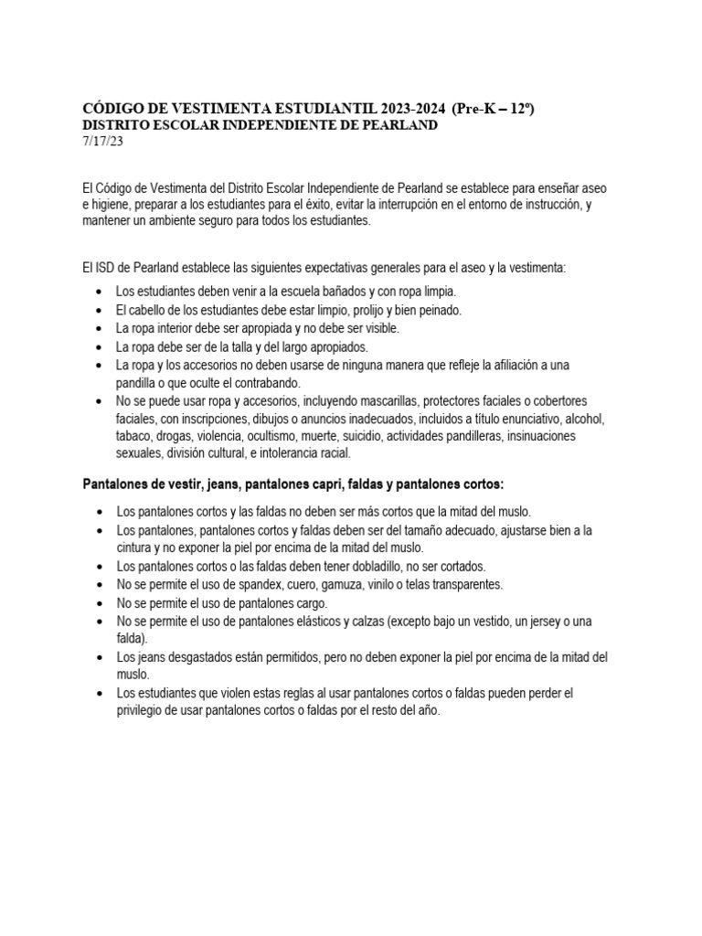 2023-24_Student_Dress_Code-SPA | PDF | Ropa | Falda