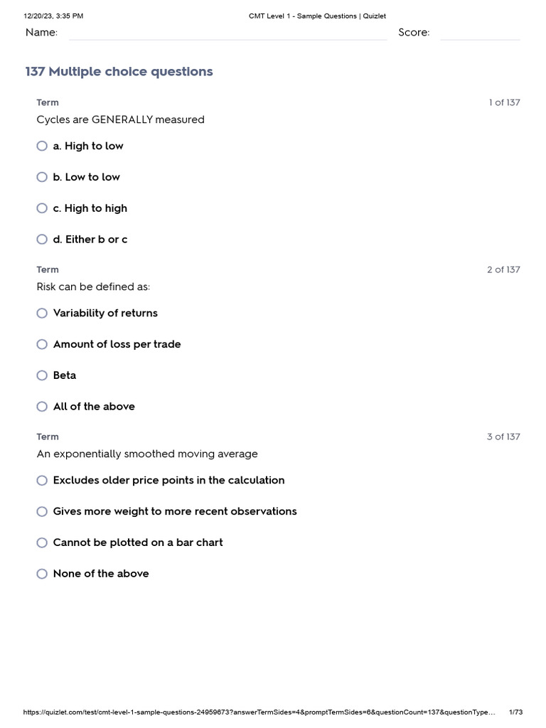 CMT Level 1 - Sample Questions - Quizlet | PDF | Technical Analysis ...