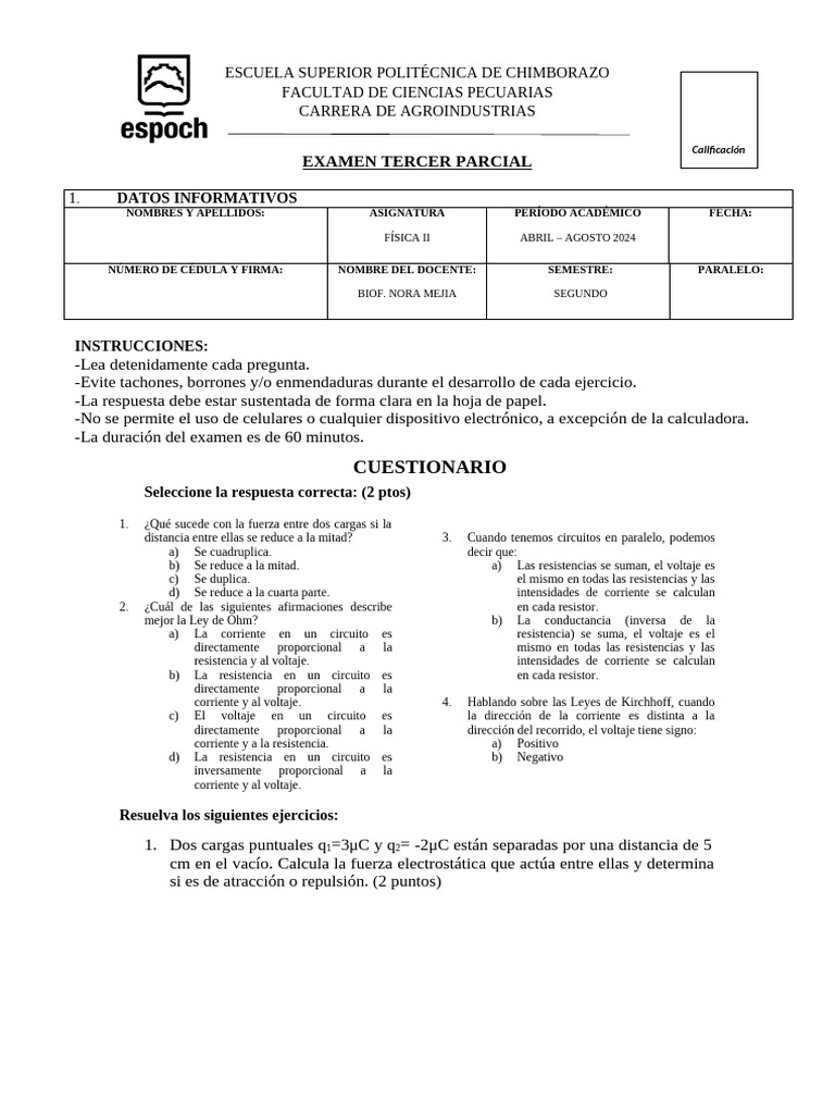P041 Examen Tercer Parcial Física Ii B | PDF | voltaje | Resistencia Eléctrica y Conductancia