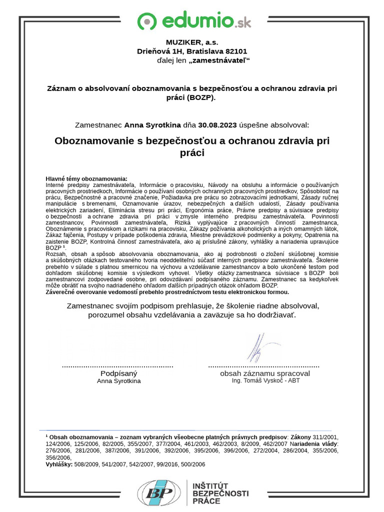 Bozp - Bezpecnost A Ochrana Zdravia Pri Praci Anna Syrotkina 2023 08 30 | PDF