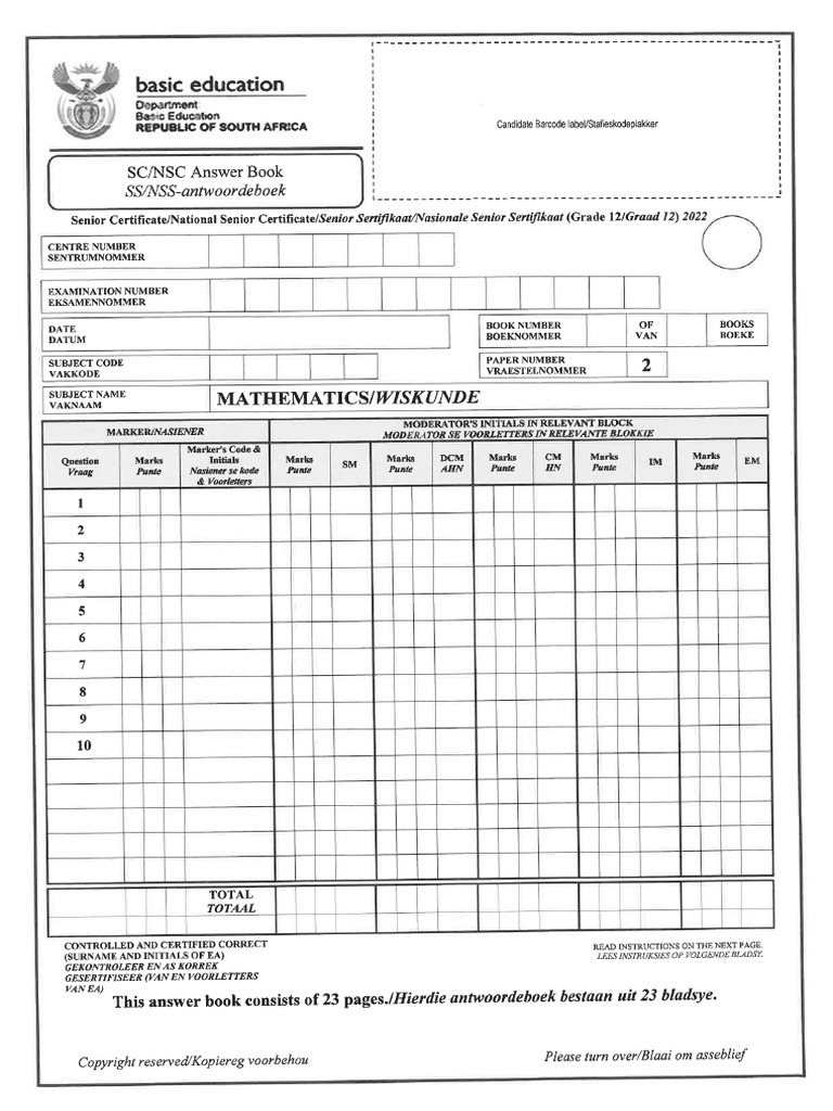 Mathematics P2 May-June 2022 Answer Book Eng & Afr | PDF