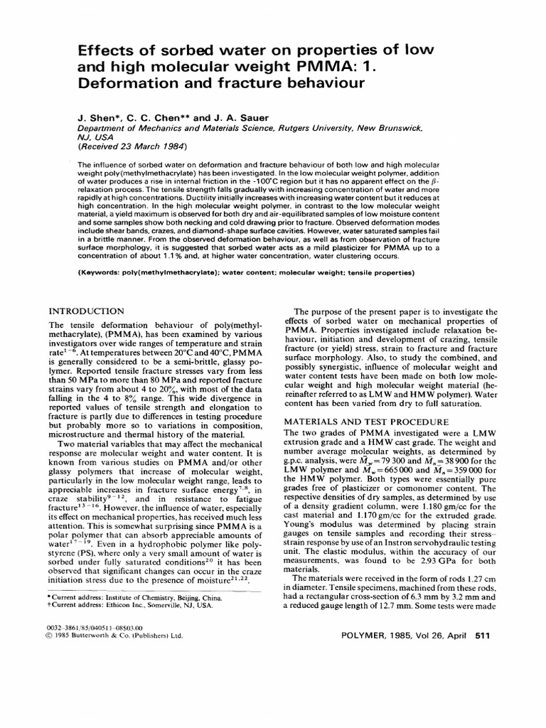 Effects of Sorbed Water On Properties of Low and High Molecular Weight ...