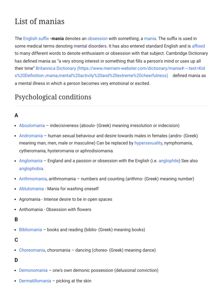 List of Manias - Wikipedia | PDF | Mental Health | Mood Disorders