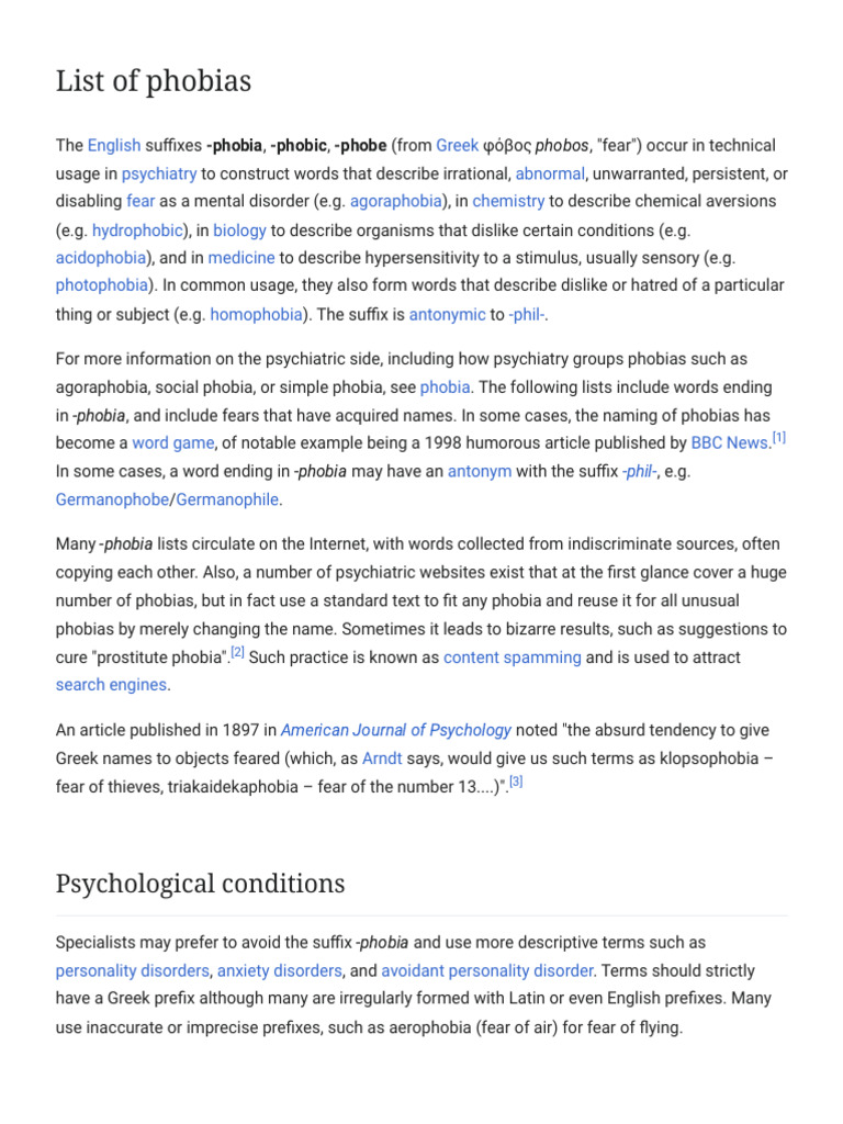 List of Phobias - Wikipedia | PDF | Phobia | Fear