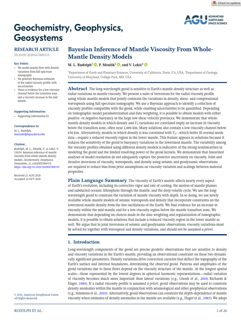 Geochem Geophys Geosyst - 2020 - Rudolph - Bayesian Inference of Mantle ...