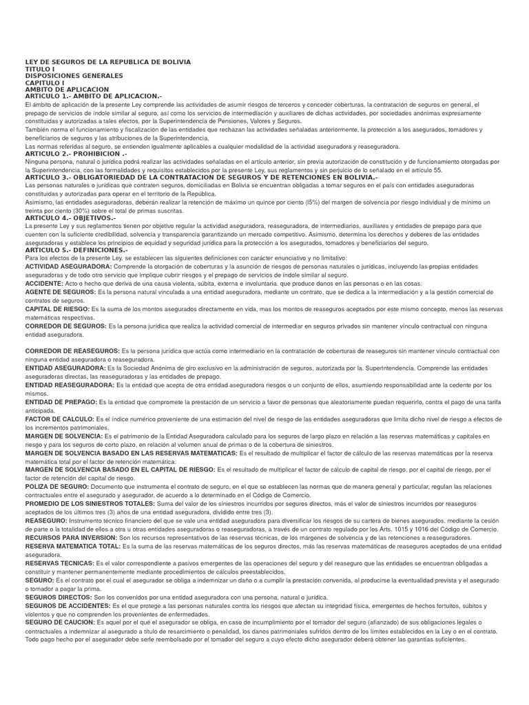 Ley de Seguros de La Republica de Bolivia | PDF | Seguro | Reaseguro