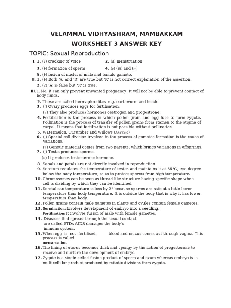 Worksheet 3 Answer Key Topic Sexual Reproduction Pdf Sexual 5063