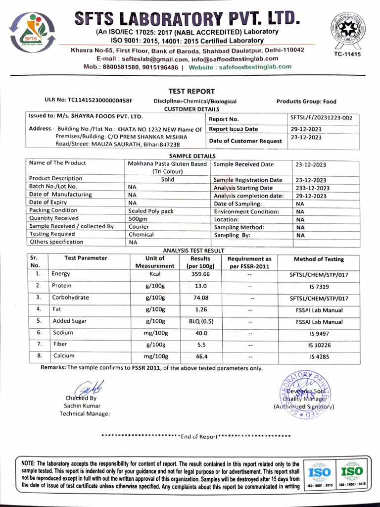 Pasta Test 03-Jan 2024 | PDF | Iso 9000 | Nutrition