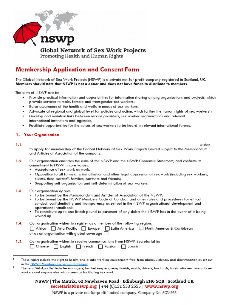 Nswp-Membership and Consent Form 2019 0 | PDF | Sex Work | Justice