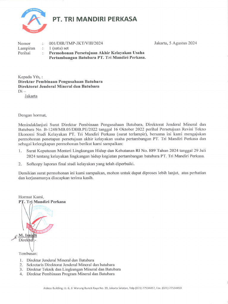 Surat permohonan persetujuan akhir kelayakan usaha pertambangan batubara PT TMP | PDF