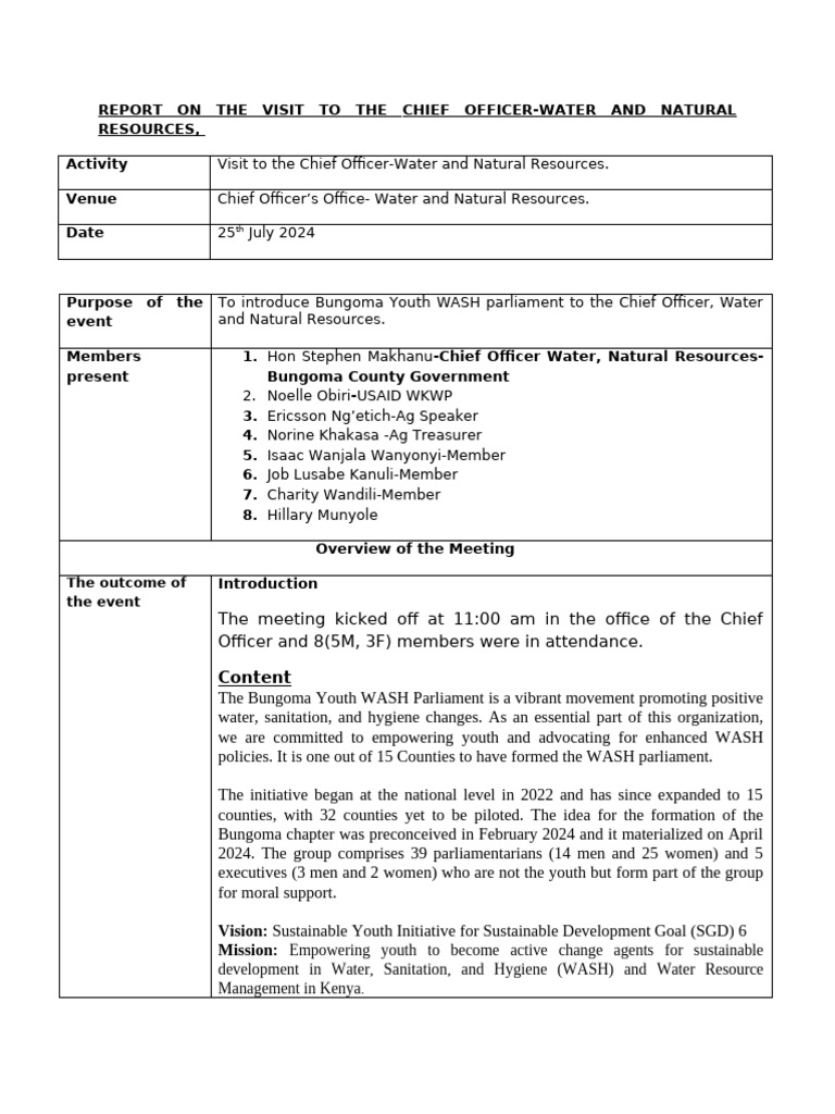 Bungoma Youith WASH Parliament Report-25th July 2024 | PDF | Wash