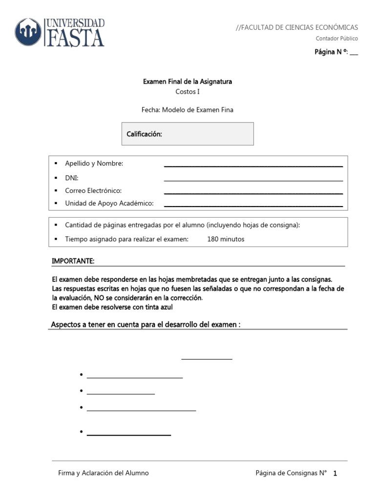 Modelo Examen Final Nro 1 | PDF | Costo