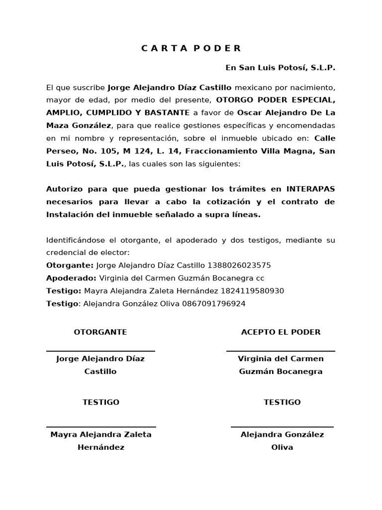 Carta Poder Simple para Tramites Interapas | PDF