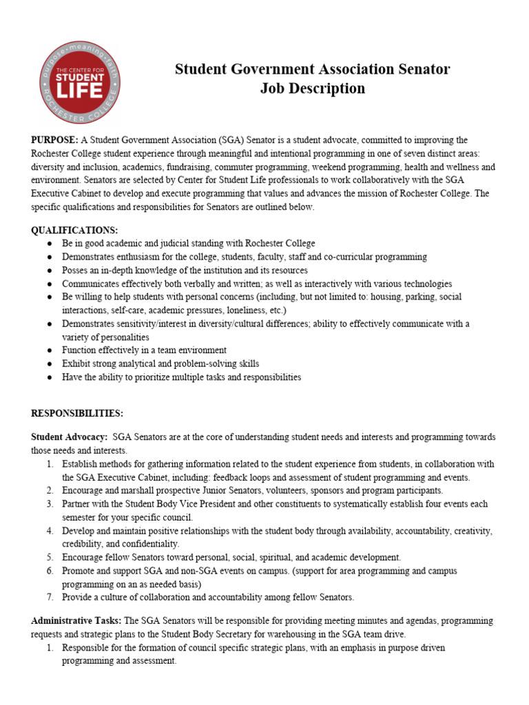 Student Government Senator Job Description | PDF