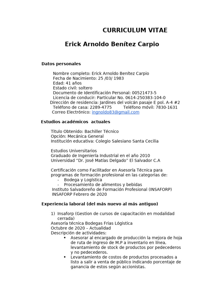 Curriculum de Erick Benitez Actual 16052024 | PDF | Logística | Business