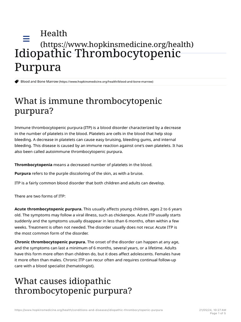 Idiopathic Thrombocytopenic Purpura Johns Hopkins Medicine | PDF ...
