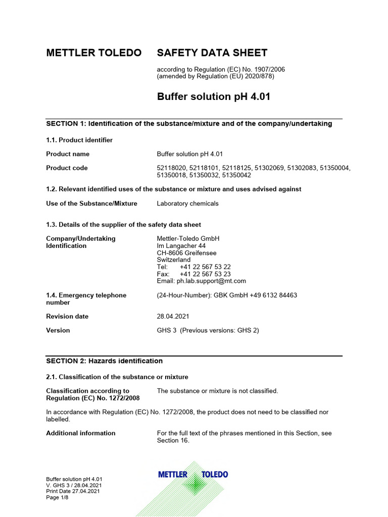 Buffer Solution Safety Data Sheet | PDF | Toxicity | Personal ...