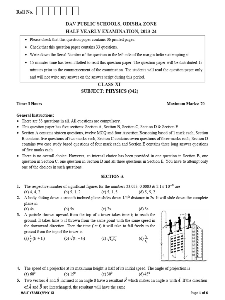 XI HY PHY Question Paper | PDF | Force | Acceleration