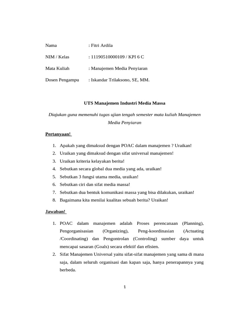 UTS MIM - Fitri Ardila - 11190510000109 Fix | PDF | Sains & Matematika