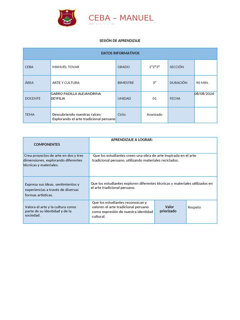 Sesion de Aprendizaje en EBA | PDF | Aprendizaje | Evaluación