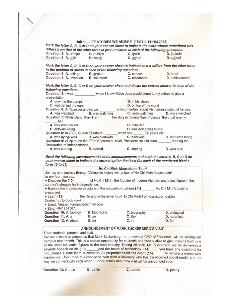 Unit 1 LIFE STORIES WE ADMIRE TEST 2 FORM 2025 | PDF