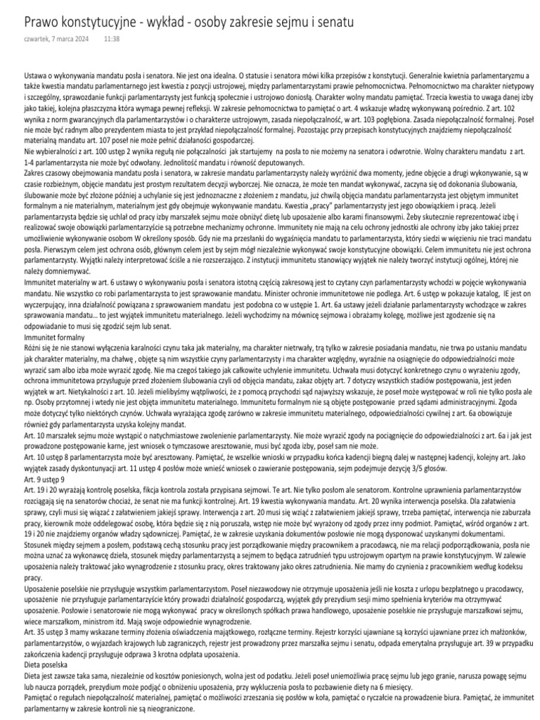 Prawo Konstytucyjne - Wykład - Osoby Zakresie Sejmu I Senatu | PDF