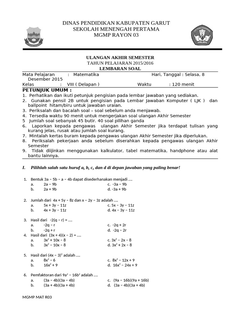 Soal MTK UAS MTK R03 1516 Kls 8 | PDF