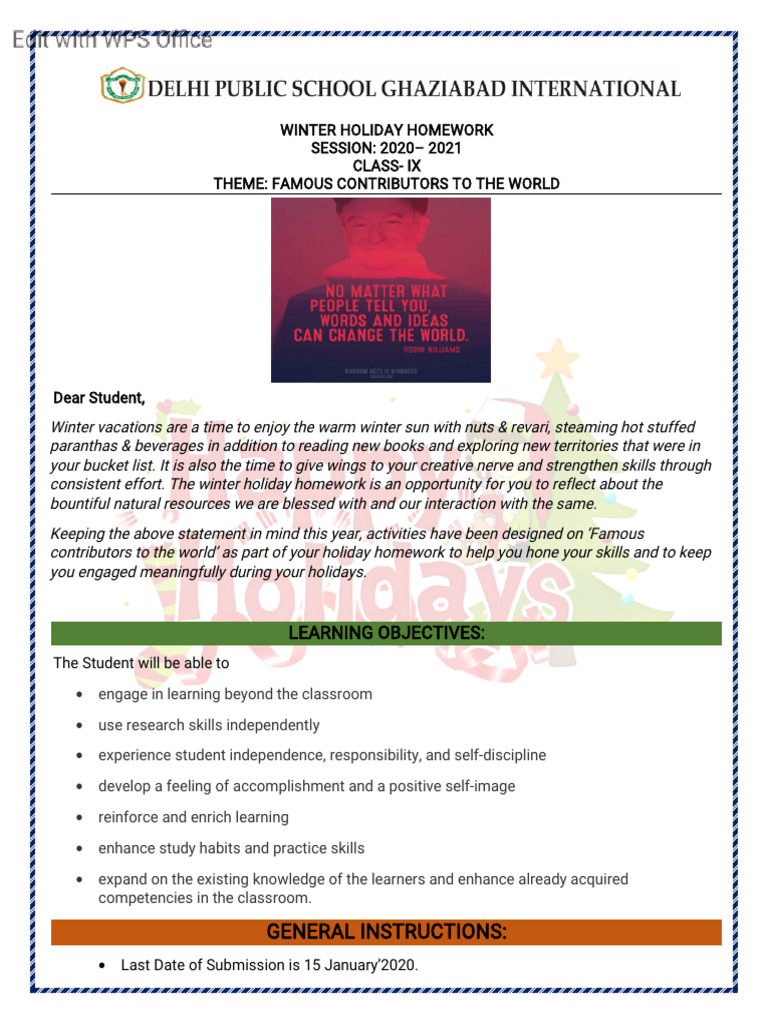 Class IX Winter HHW 2020 | PDF