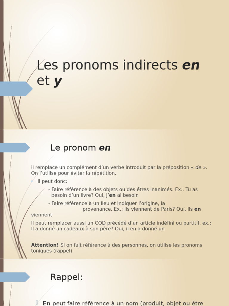 Les Pronoms Indirects y Et en | PDF | Pronom | Grammaire