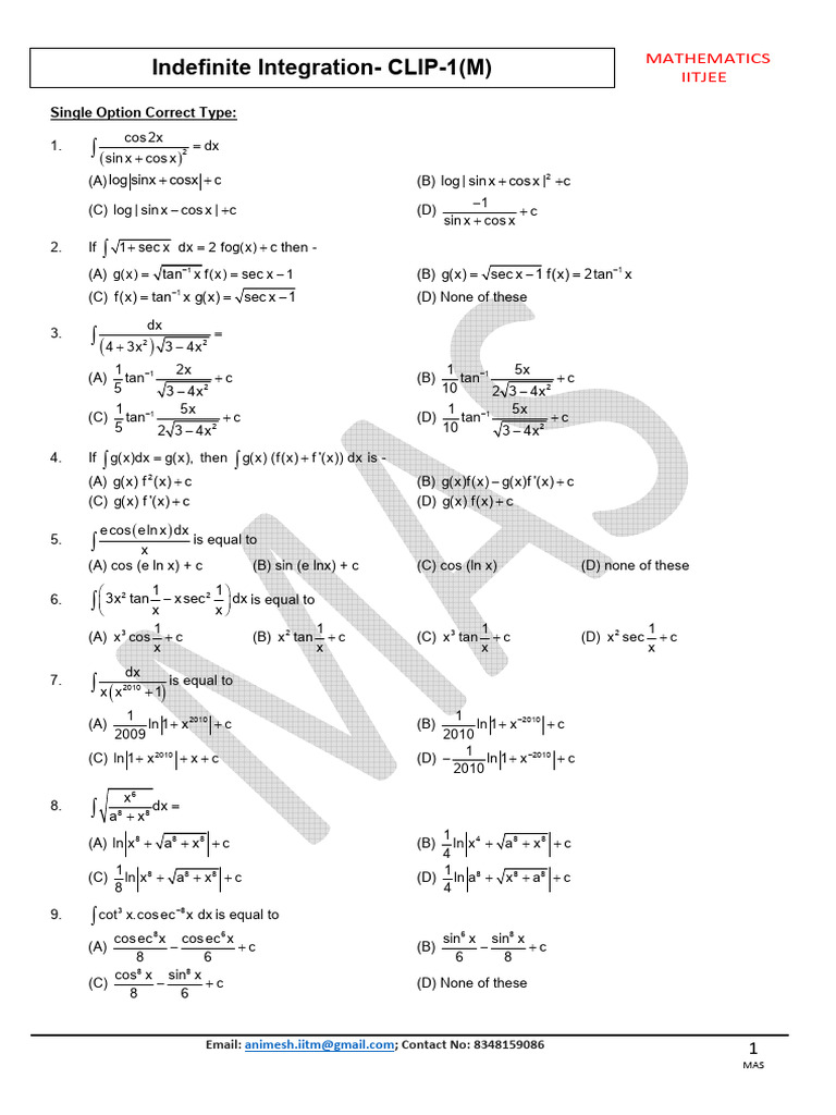 IITJEE Indefinite Integration Practice | PDF | Mathematical Objects ...