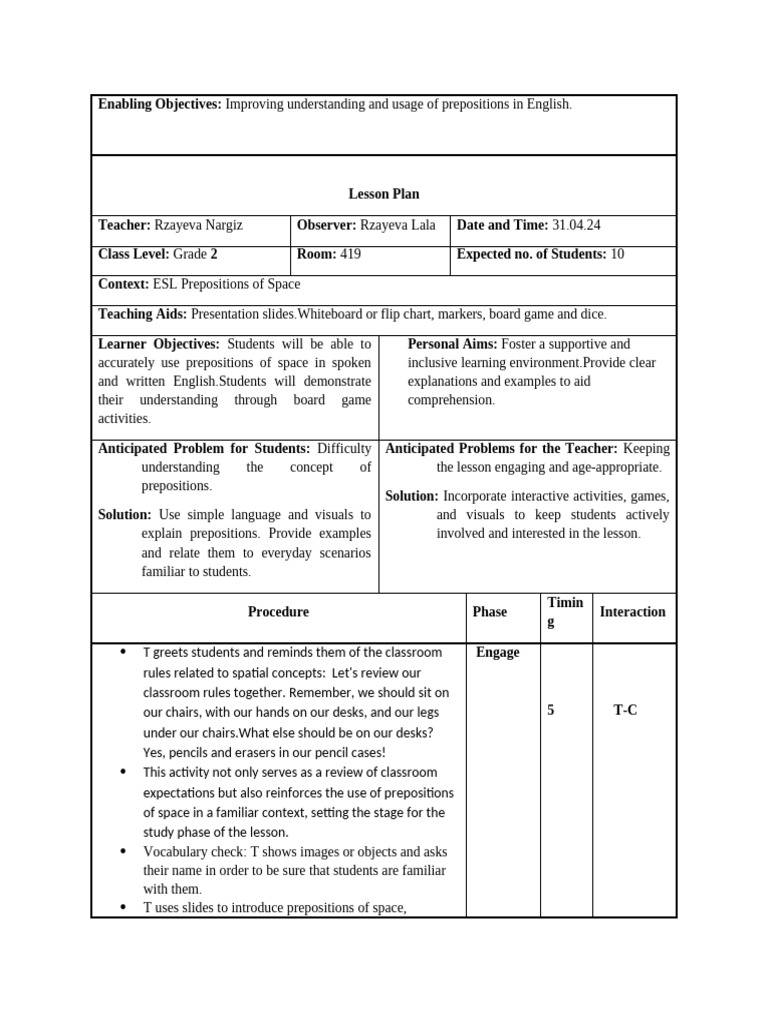 ESL Place Prepositions Lesson Plan | PDF | Lesson Plan | Classroom