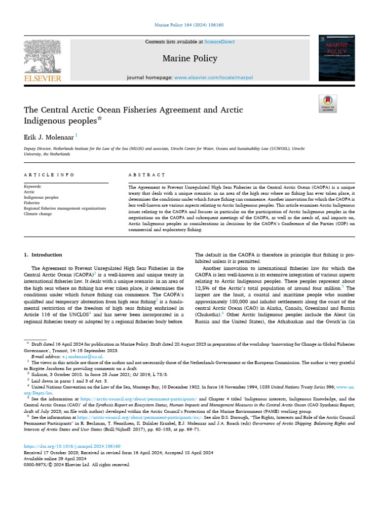 ARTICLE The Central Arctic Ocean Fisheries Agreement and Arctic | PDF ...